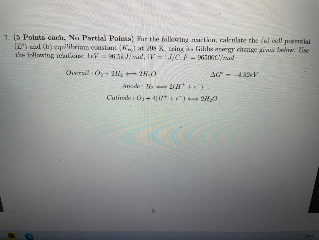 Solved 7. (5 Points each, No Partial Points) For the | Chegg.com
