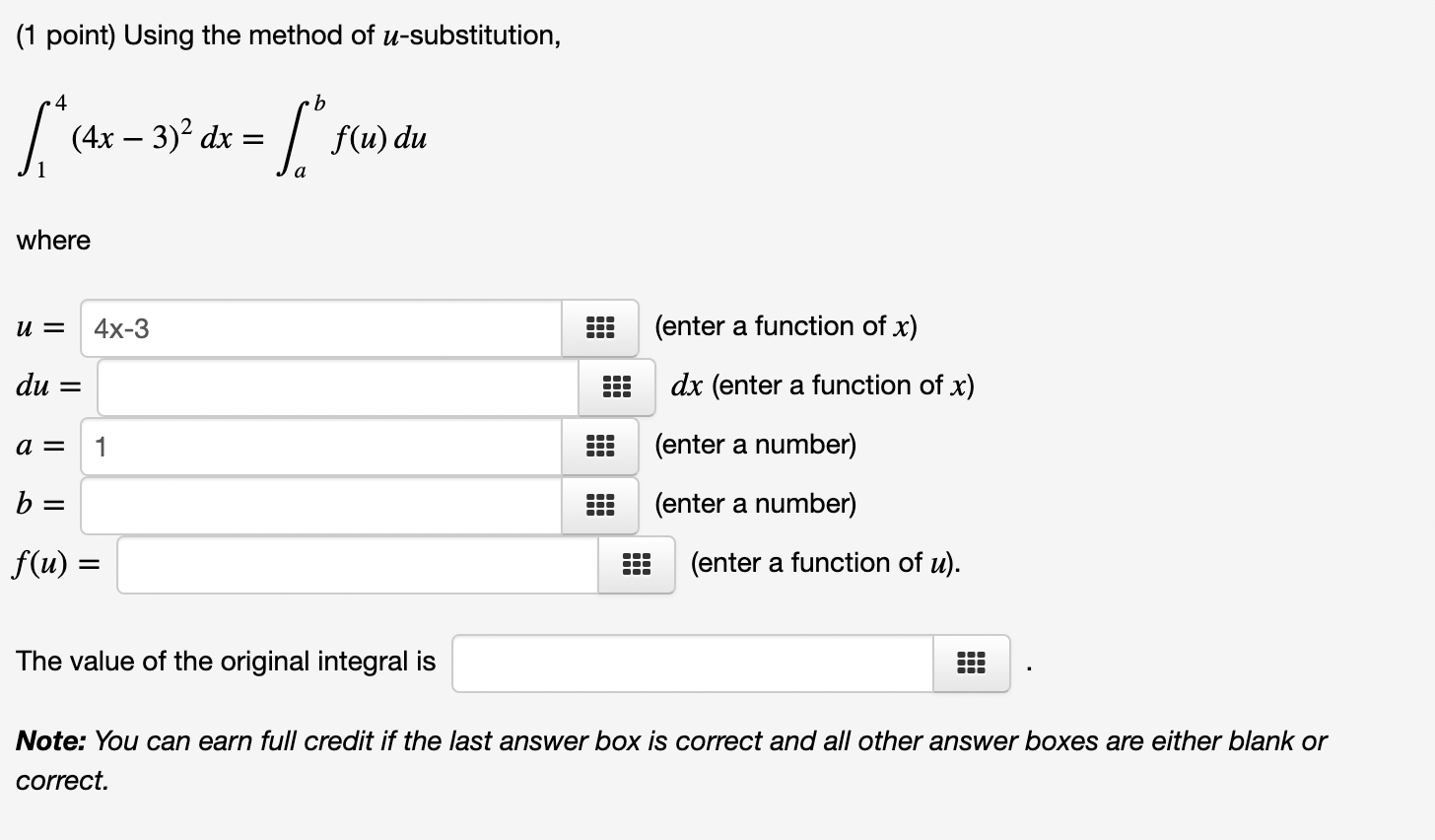 Solved (1 point) Using the method of u-substitution, | Chegg.com