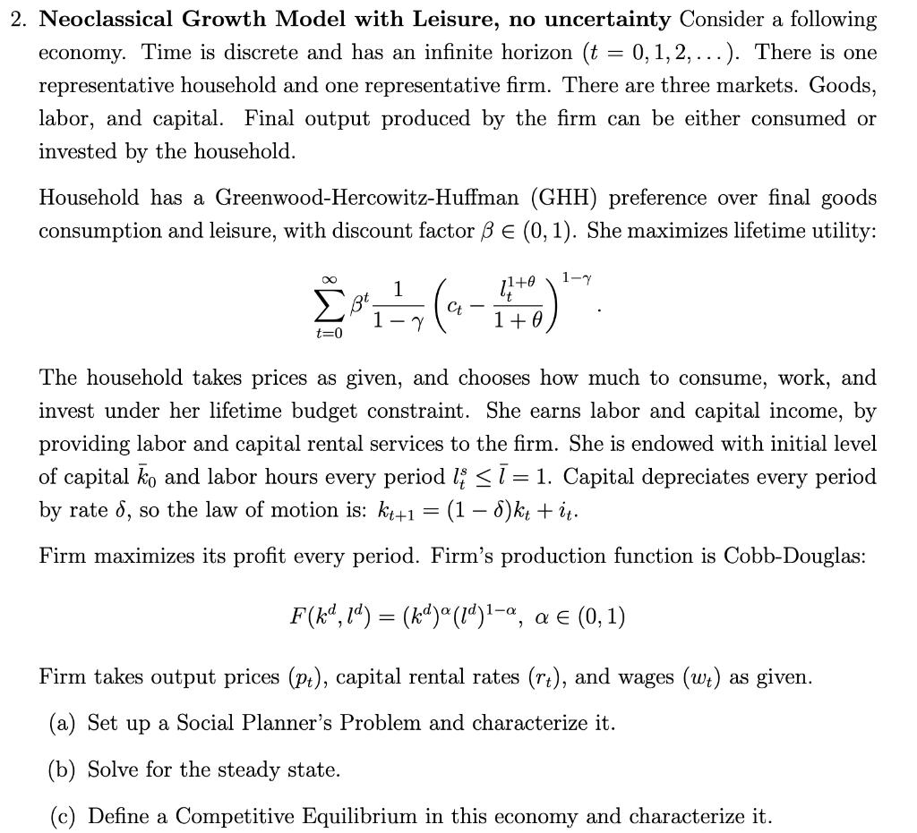 2. Neoclassical Growth Model with Leisure, no | Chegg.com