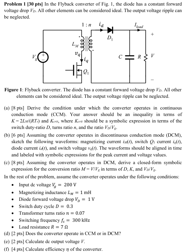 Solved Problem 1[30pts] In ﻿the Flyback converter of ﻿Fig. | Chegg.com
