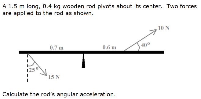Solved A 1.5 m long, 0.4 kg wooden rod pivots about its | Chegg.com