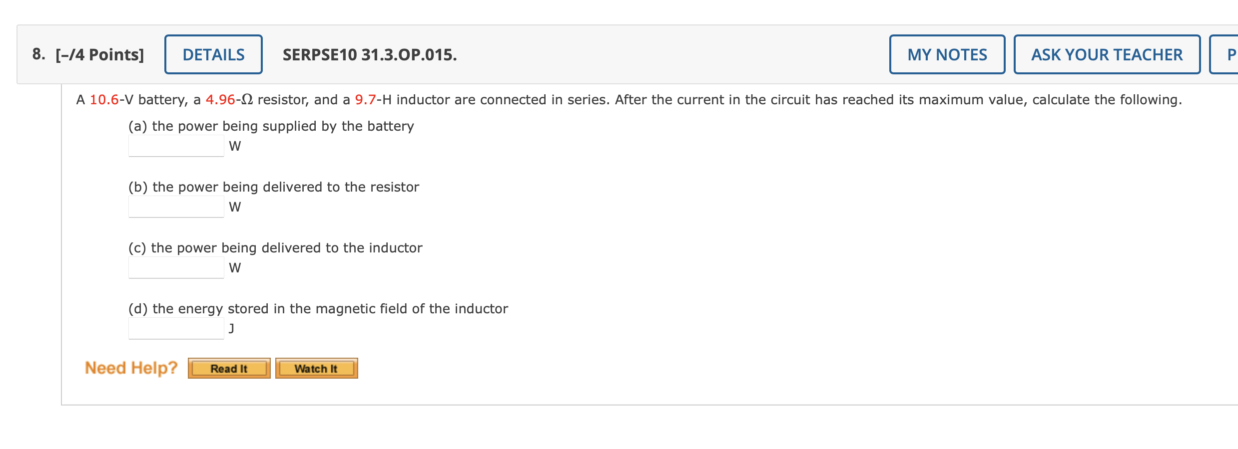 Solved 8. [-74 Points] DETAILS SERPSE10 31.3.OP.015. MY | Chegg.com