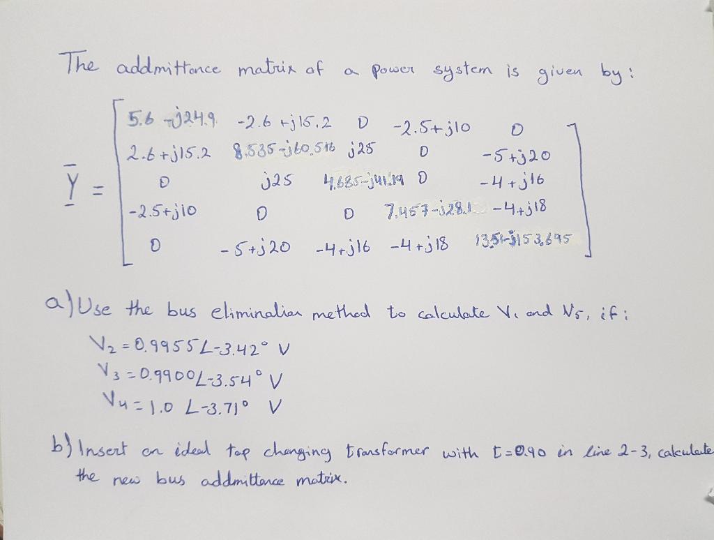 Solved The addmittance matrix of power system is given by : | Chegg.com