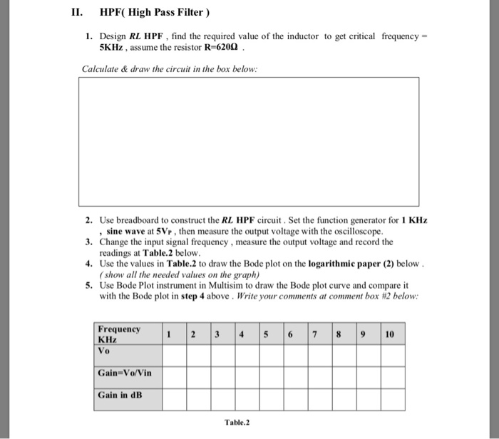 Solved II HPF High Pass Filter) I. Design RL HPF, find the | Chegg.com