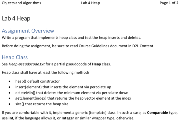 Objects and Algorithms Lab 4 Heap Page 1 of 2 Lab 4 | Chegg.com