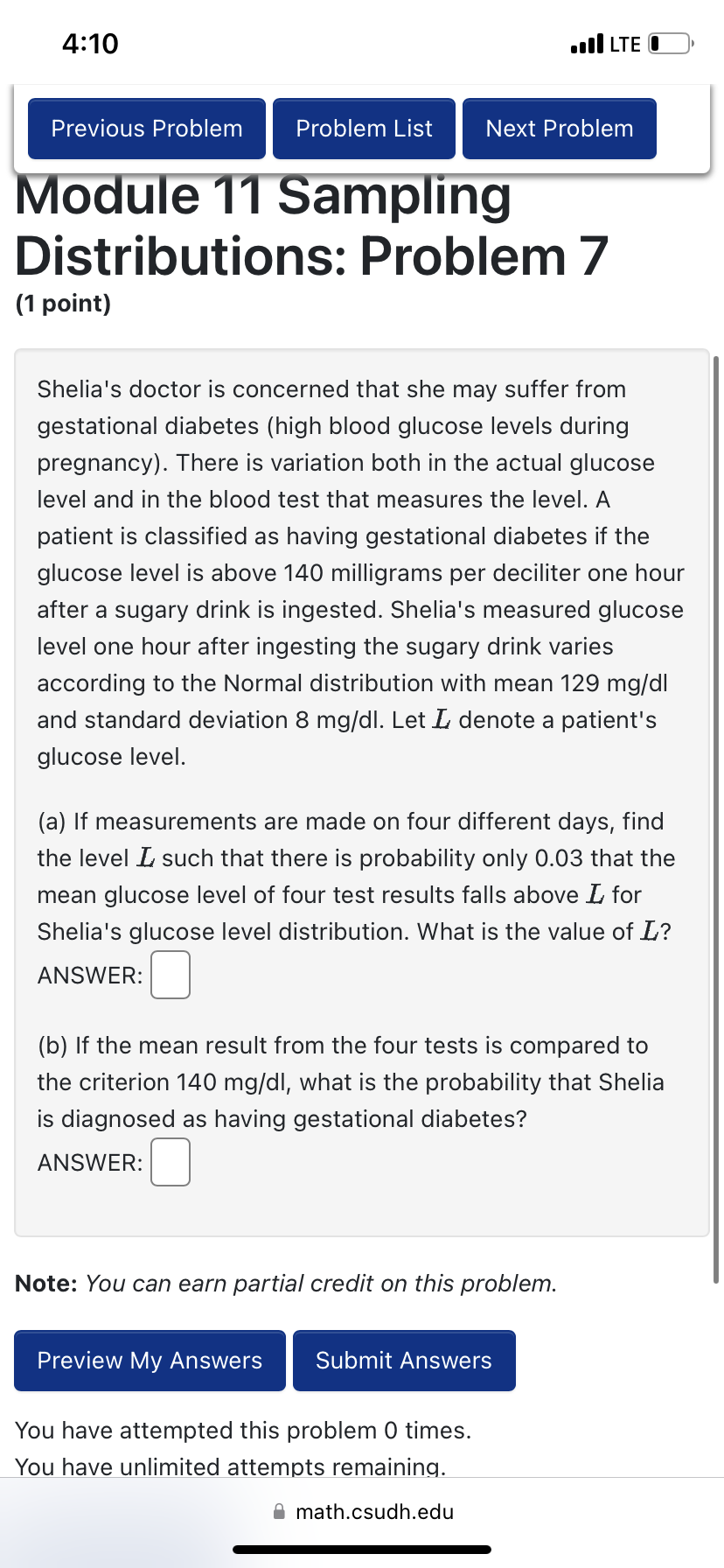 Module 11 Sampling Distributions: Problem 7 (1 point) | Chegg.com