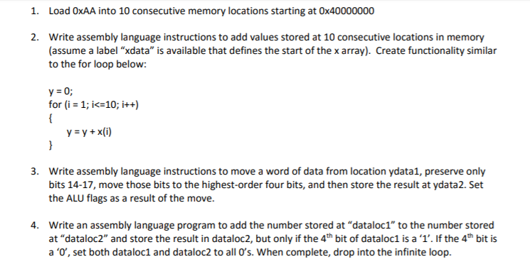 1. Load 0xAA into 10 consecutive memory locations | Chegg.com