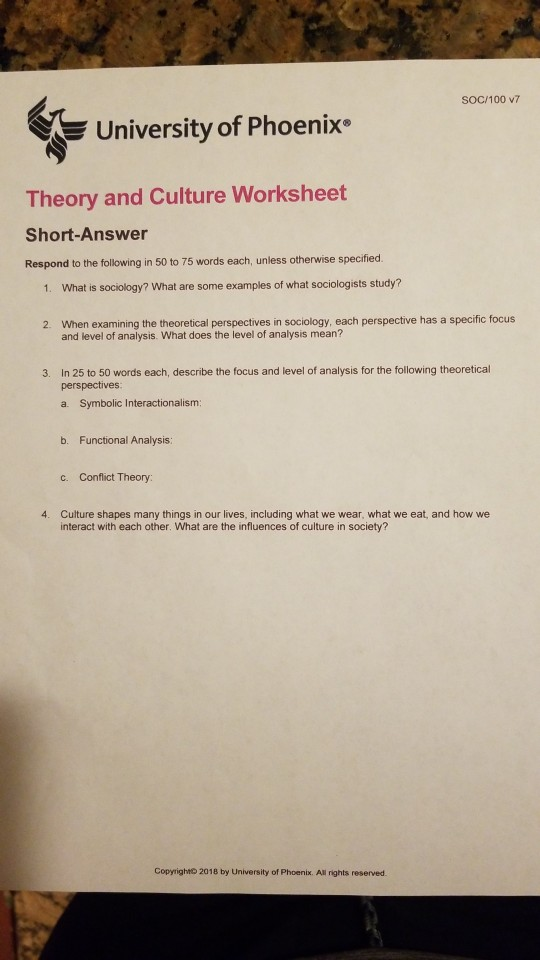 Solved SOC/100 v7 University of Phoenix- Theory and Culture | Chegg.com