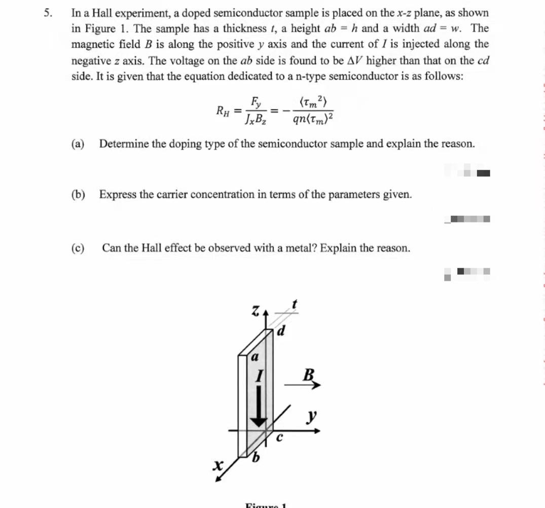 Solved 5. In a Hall experiment, a doped semiconductor sample | Chegg.com