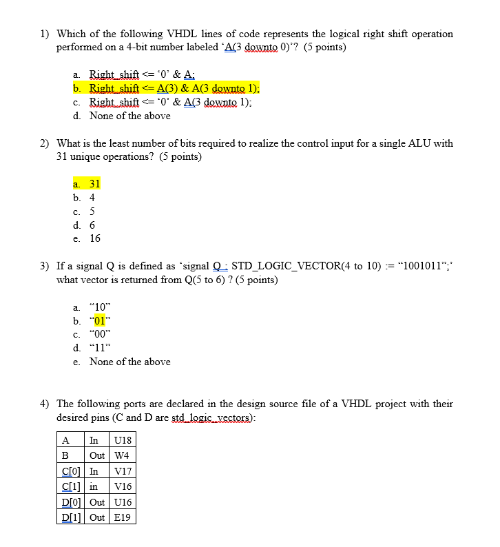 Solved 1) Which of the following VHDL lines of code | Chegg.com