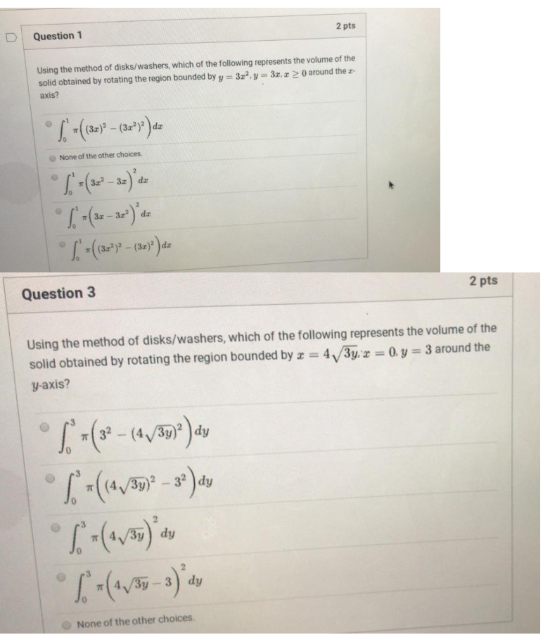 Solved 2 pts Question 1 Using the method of disks/washers, | Chegg.com