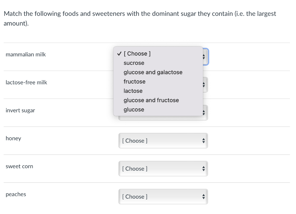 Solved Match the following foods and sweeteners with the | Chegg.com