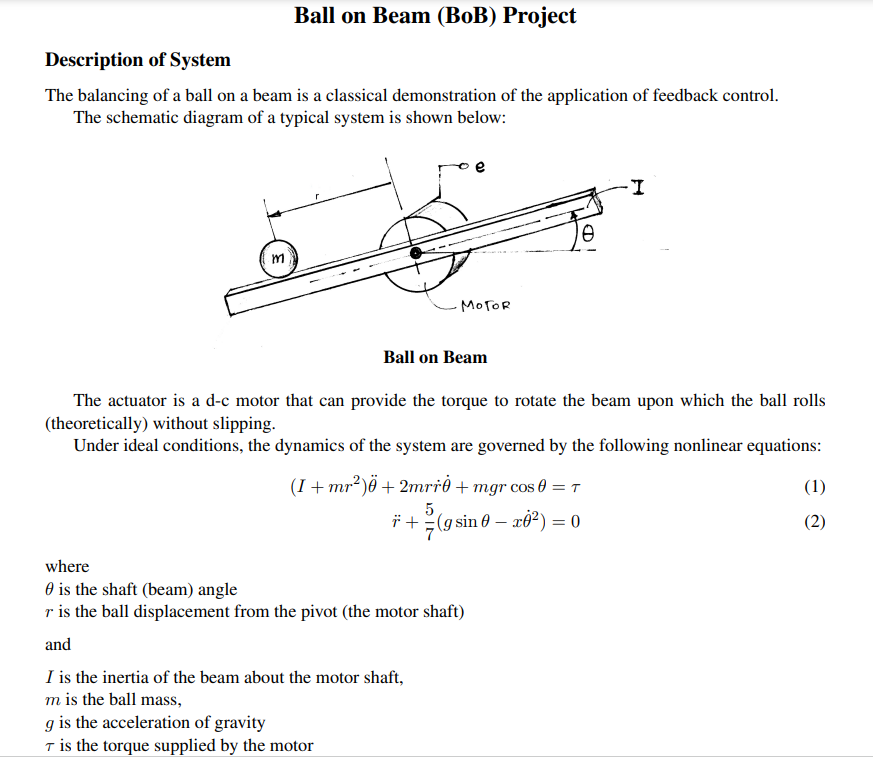 Solved Description of System The balancing of a ball on a | Chegg.com