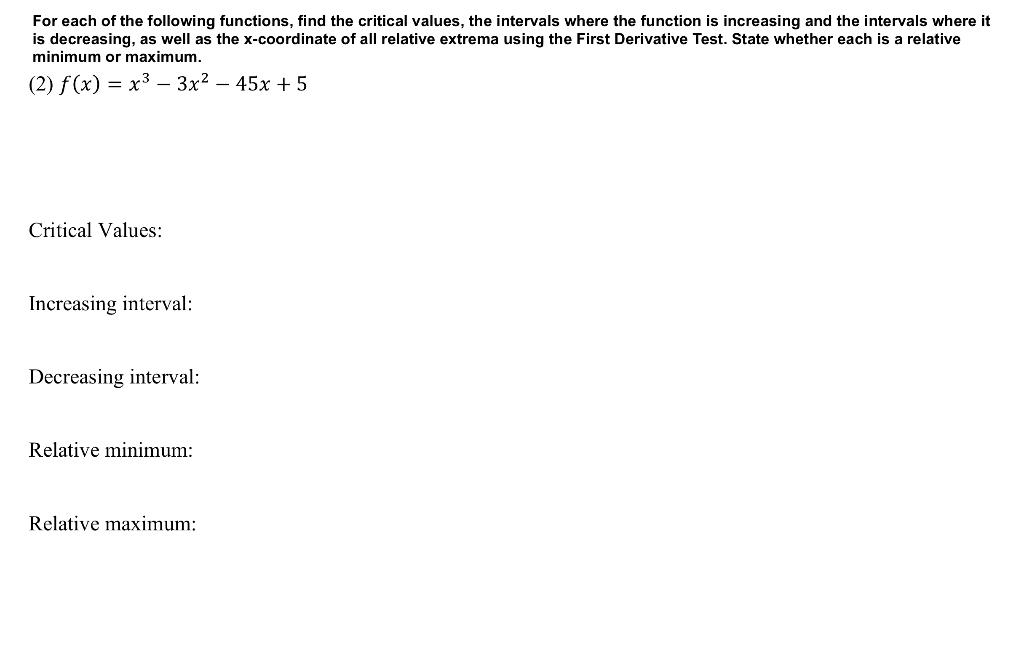 Solved For each of the following functions, find the | Chegg.com