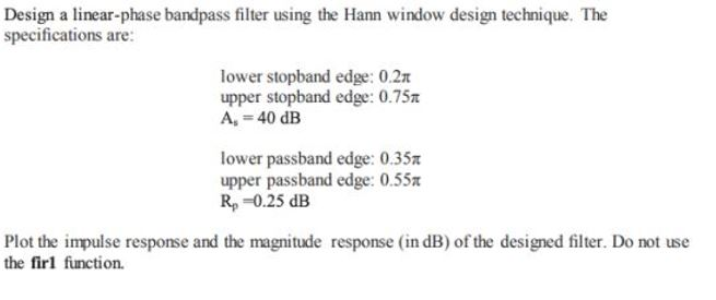 Solved Design a linear-phase bandpass filter using the Hann | Chegg.com