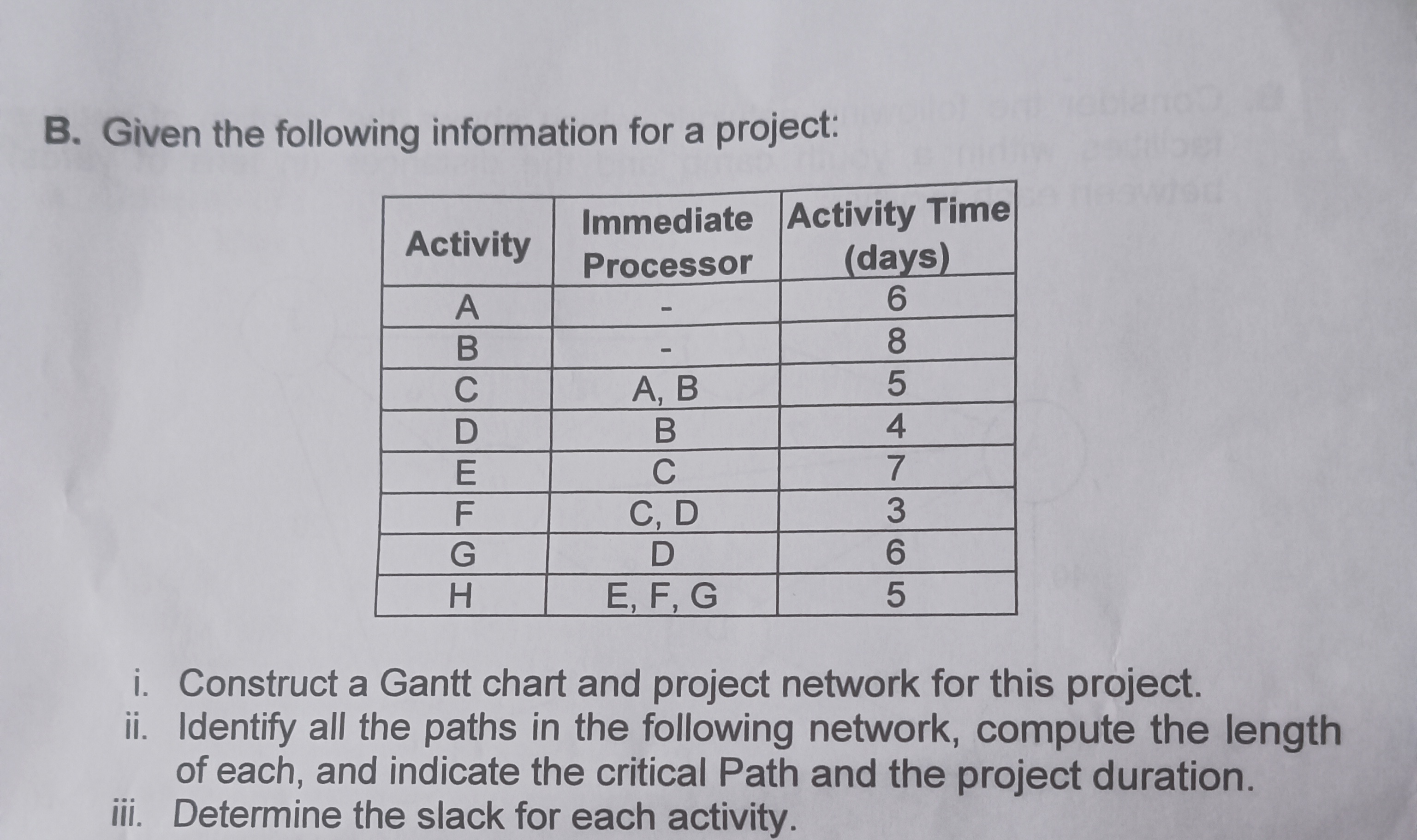 Solved B. Given the following information for a project: i. | Chegg.com