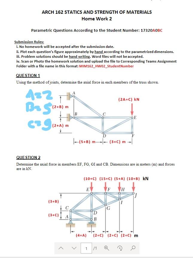 Solved ARCH 162 STATICS AND STRENGTH OF MATERIALS Home Work | Chegg.com