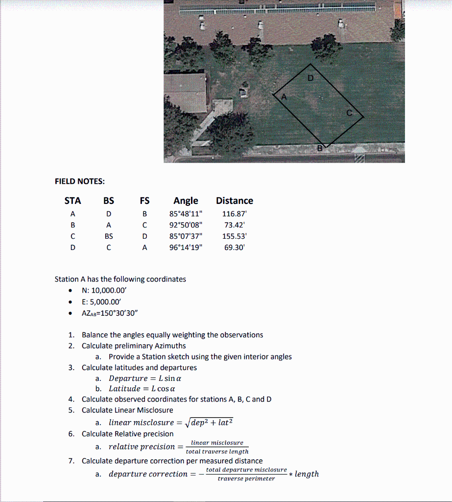 Solved FIELD NOTES: STA BS FS Distance A D B B А С Angle | Chegg.com