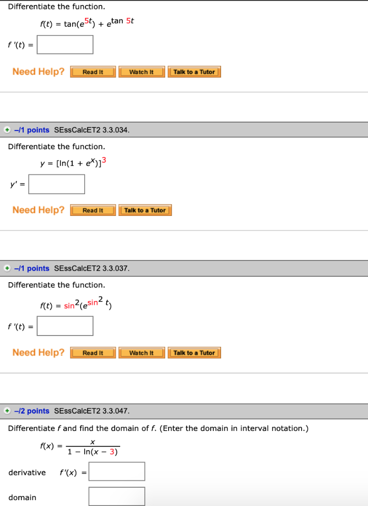 Solved Differentiate the function. t) - tan(e5t)+etan 5t f | Chegg.com