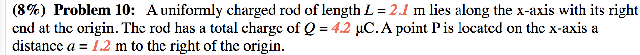 Solved (8\%) Problem 10: A uniformly charged rod of length | Chegg.com