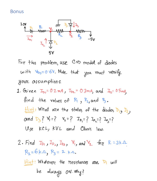 Solved Bonus For this problem, use CVD model of diodes with | Chegg.com
