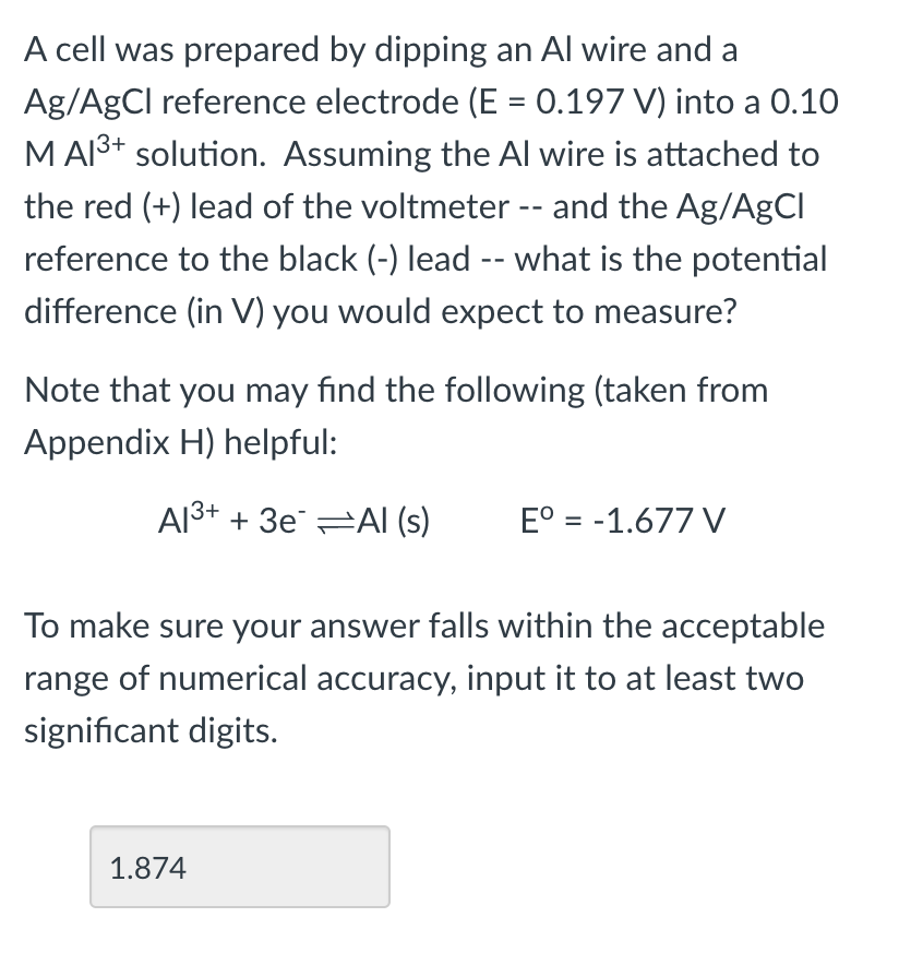 Solved A cell was prepared by dipping an Al wire and a | Chegg.com