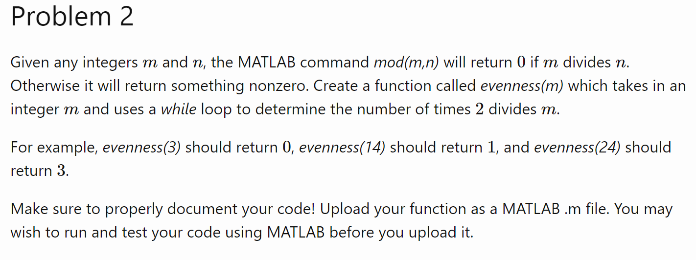 Solved Problem 2 Given any integers m and n, the MATLAB | Chegg.com