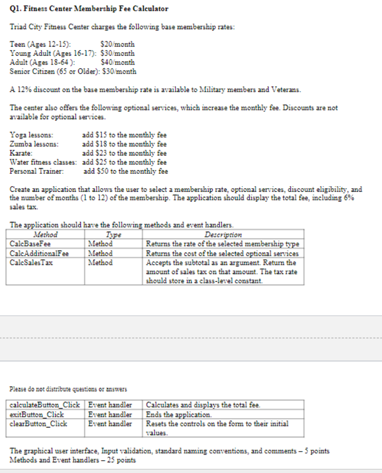 Solved Q1. Fitness Center Membership Fee Calculator Triad | Chegg.com