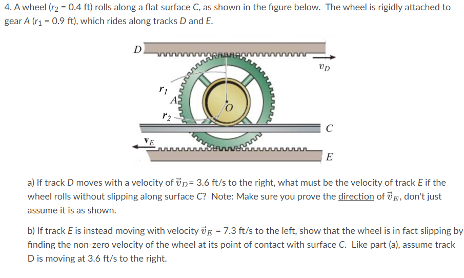 Solved 4. A wheel (r2=0.4ft) rolls along a flat surface C, | Chegg.com
