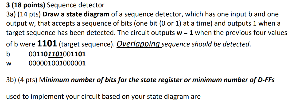 Solved 3 (18 points) Sequence detector 3a) (14 pts) Draw a | Chegg.com
