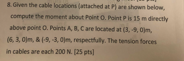 Solved 8. Given the cable locations (attached at P) are | Chegg.com