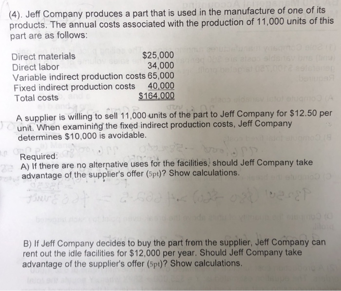 Solved (4). Jeff Company produces a part that is used in the | Chegg.com