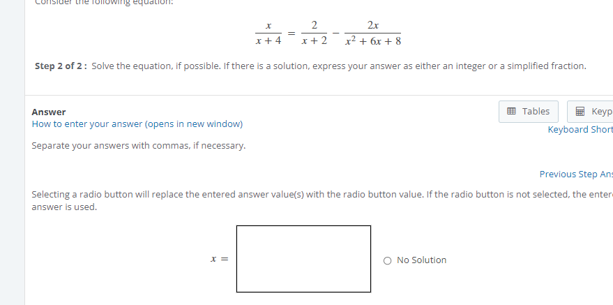 Solved x+4x=x+22−x2+6x+82x Step 2 of 2 : Solve the equation, | Chegg.com