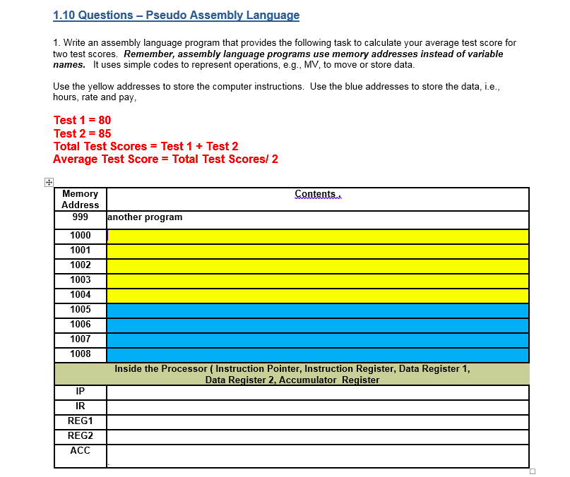 Solved 1.10 Questions – Pseudo Assembly Language 1. Write an | Chegg.com