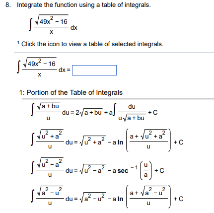 Solved 8. Integrate the function using a table of integrals. | Chegg.com