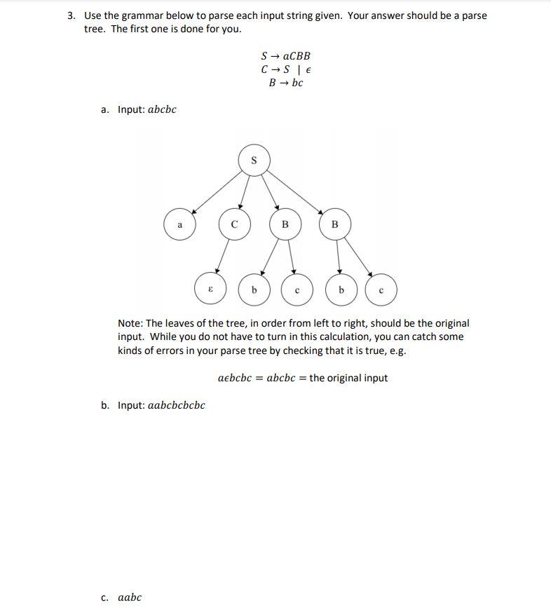 Solved 3. Use the grammar below to parse each input string | Chegg.com