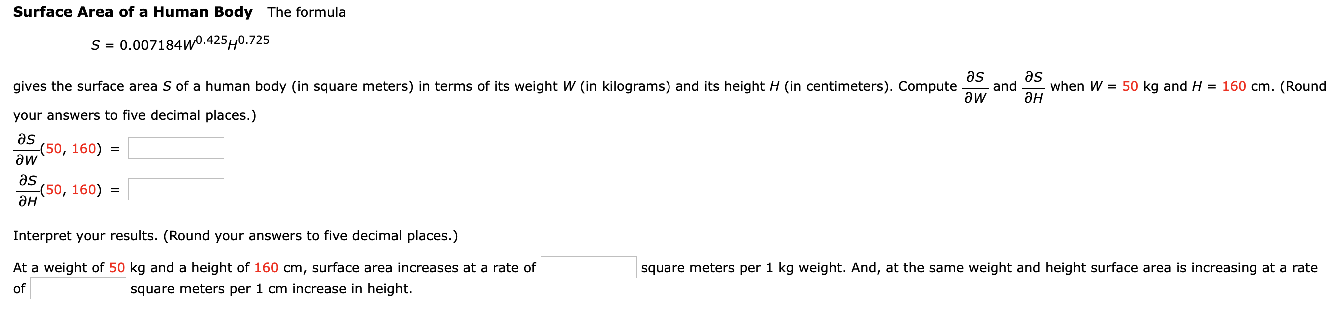 Solved Surface Area of a Human Body The formula S = | Chegg.com