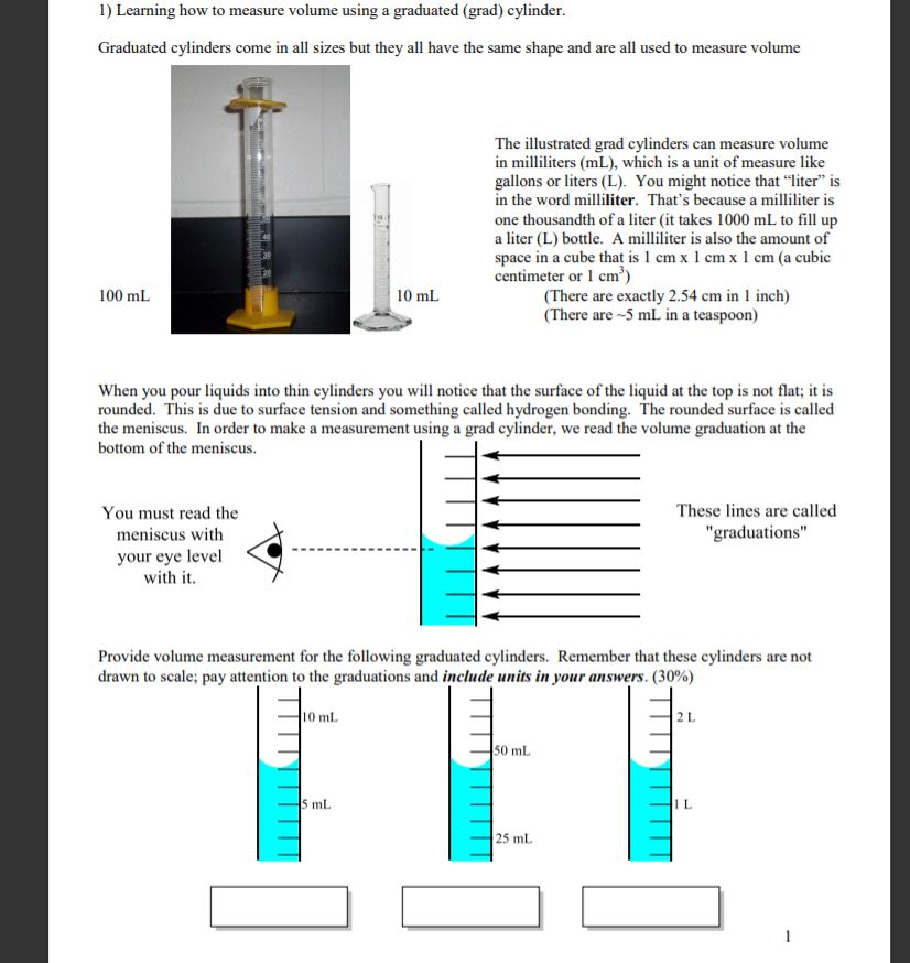 Solved 1) Learning how to measure volume using a graduated | Chegg.com