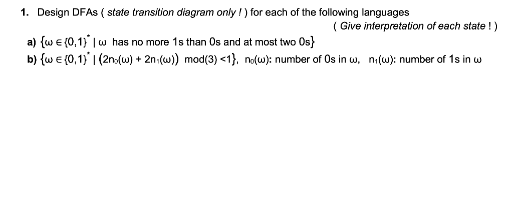 Solved 1. Design DFAs ( state transition diagram only!) for | Chegg.com