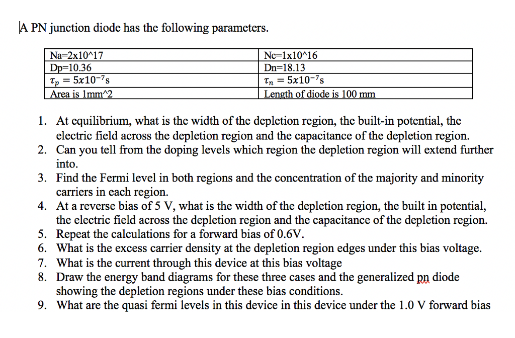 Solved A PN junction diode has the following parameters. | Chegg.com