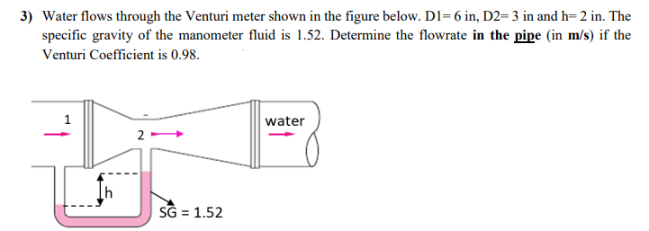 Solved 3) Water flows through the Venturi meter shown in the | Chegg.com