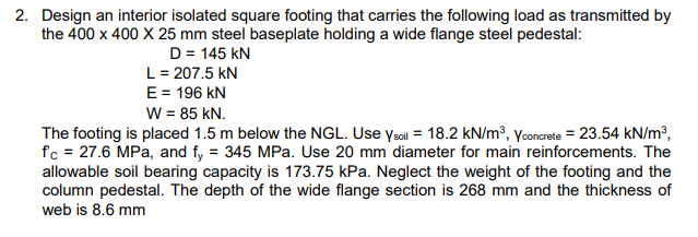 Solved 2. Design an interior isolated square footing that | Chegg.com