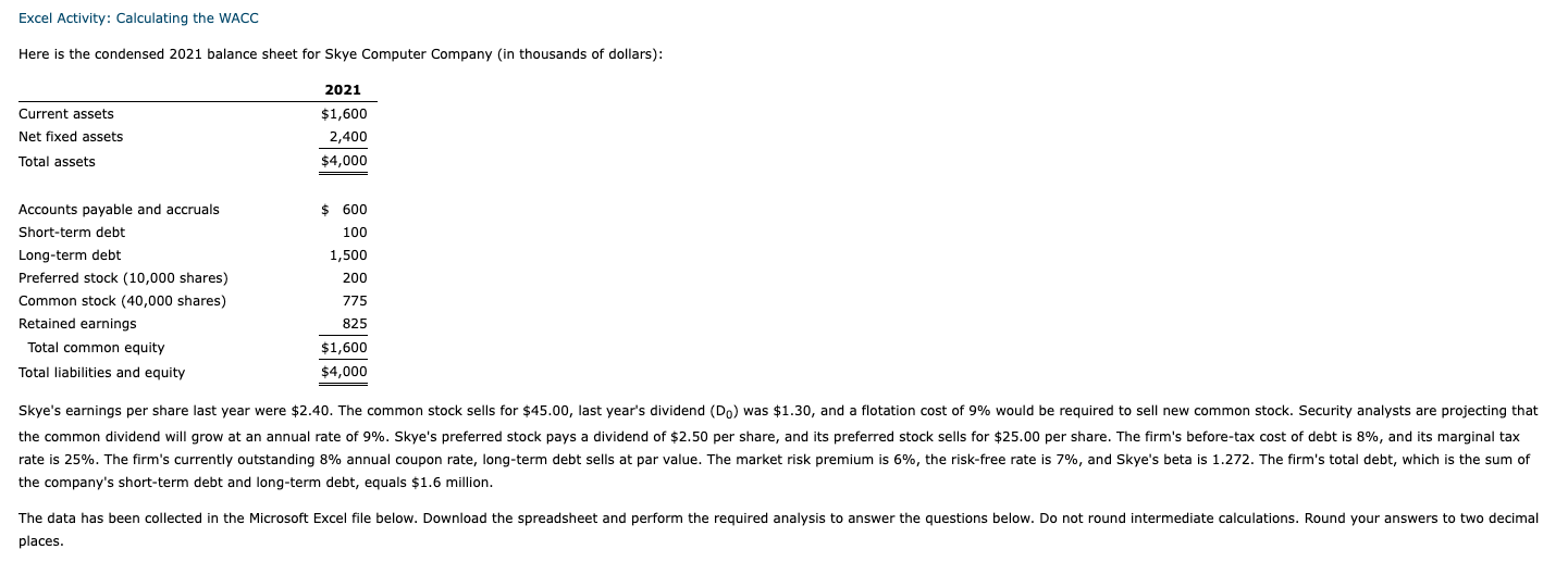 Solved Excel Activity: Calculating the WACC Here is the | Chegg.com