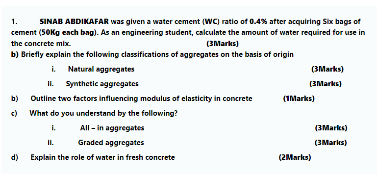 Solved 1. SINAB ABDIKAFAR was given a water cement (WC) | Chegg.com