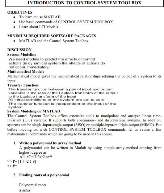 Solved INTRODUCTION TO CONTROL SYSTEM TOOLBOX OBJECTIVES To | Chegg.com