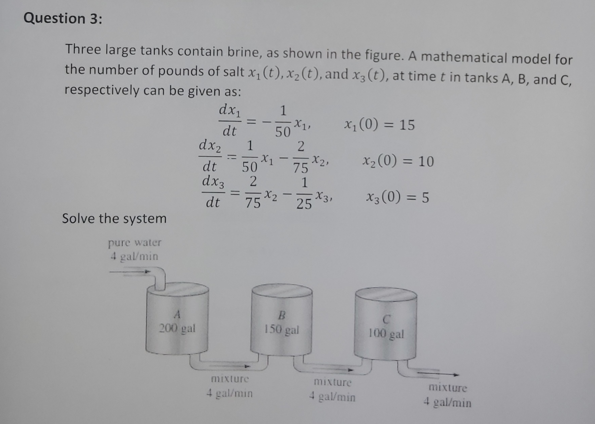 Solved Question 3: Three large tanks contain brine, as shown | Chegg.com