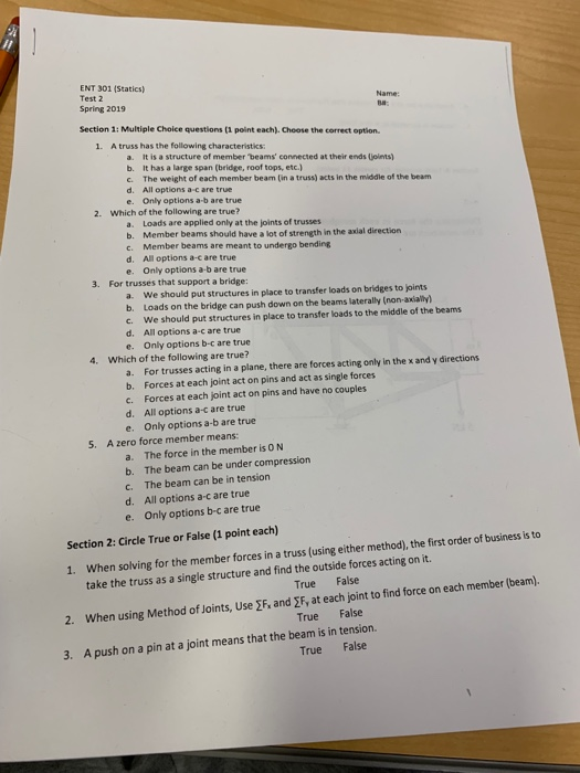 Solved ENT 301 (Statics) Spring 2019 Section 1: Multiple | Chegg.com