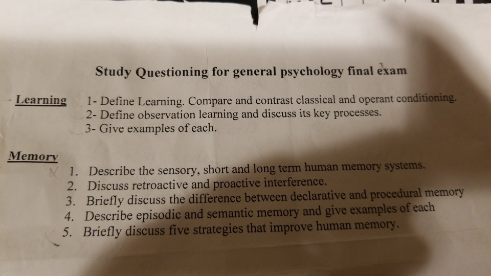 Solved Study Questioning for general psychology final exanm | Chegg.com