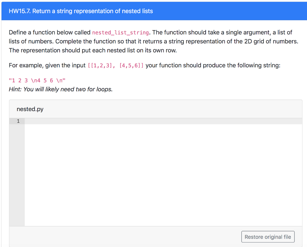 Solved HW15.7. Return a string representation of nested | Chegg.com