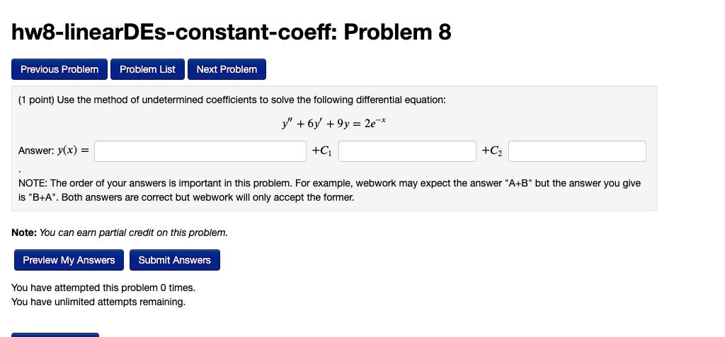 Solved hw8-linearDEs-constant-coeff: Problem 8 (1 point) Use | Chegg.com